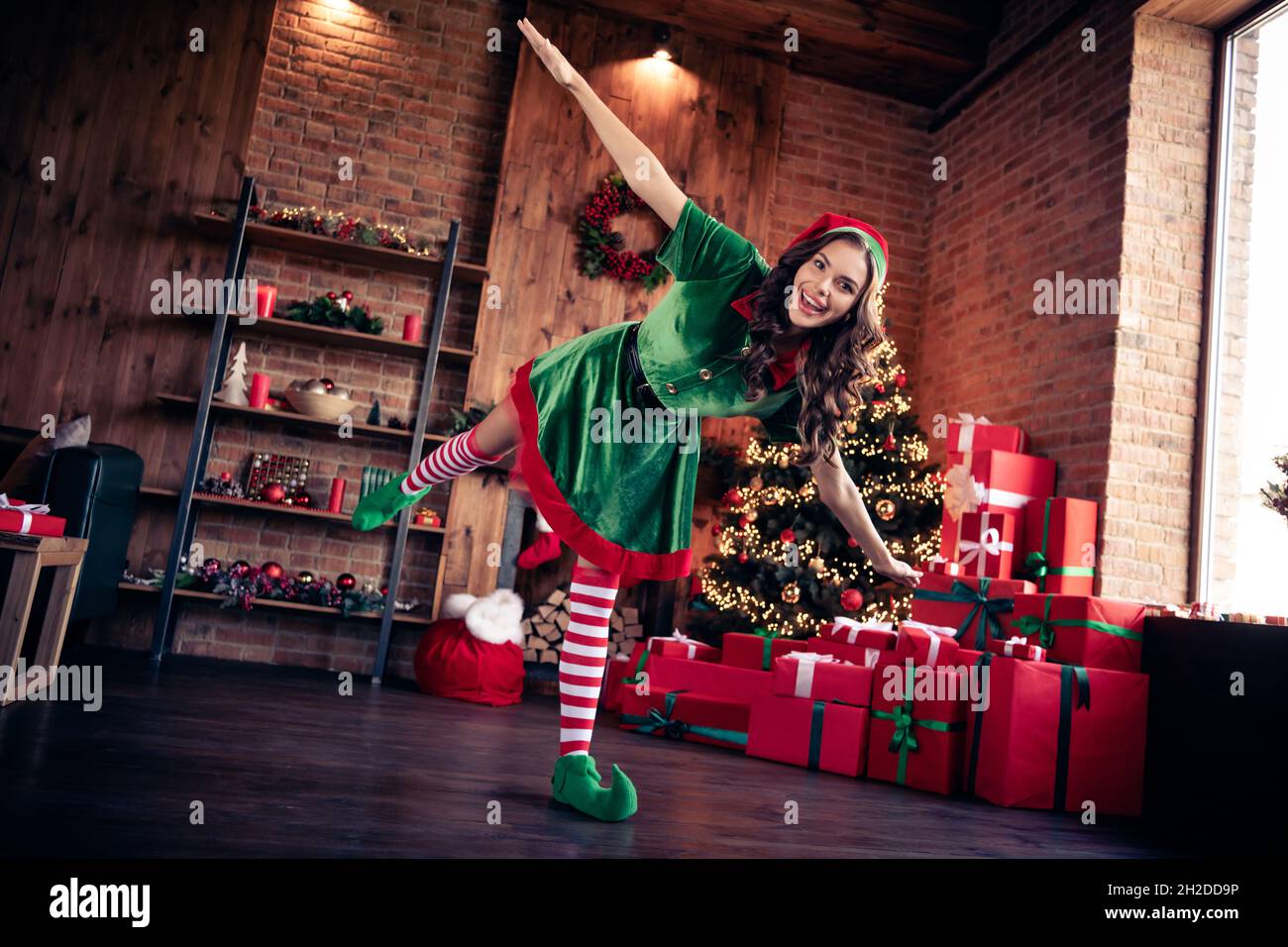 Full body photo of cheerful funky young happy woman elf hands plane ...