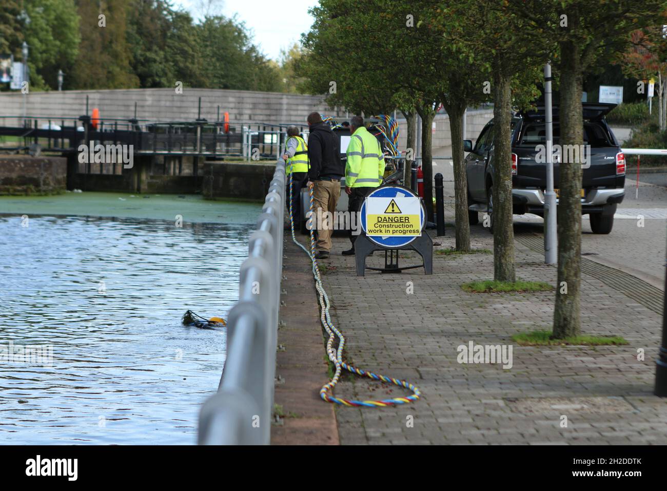 Diver inspects the dock walls at the Island Civic Centre in Lisburn ...