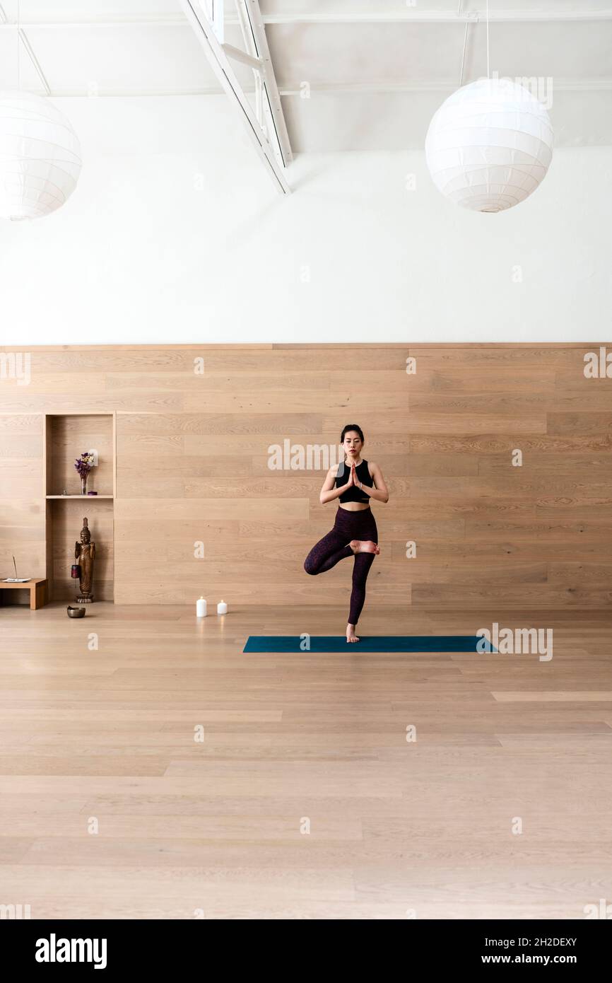 Beautiful woman practicing yoga, standing in Vrksasana, Tree pose Stock ...