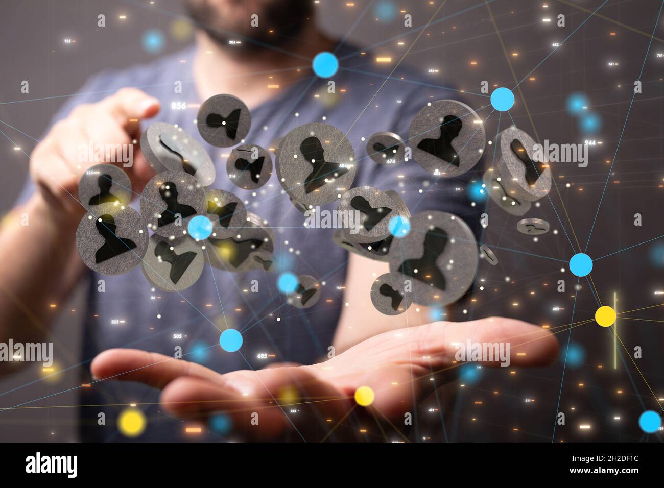 3d Rendering Of Human Icons With Binary Codes Floating On Hand Unity Group And Teamwork Concept