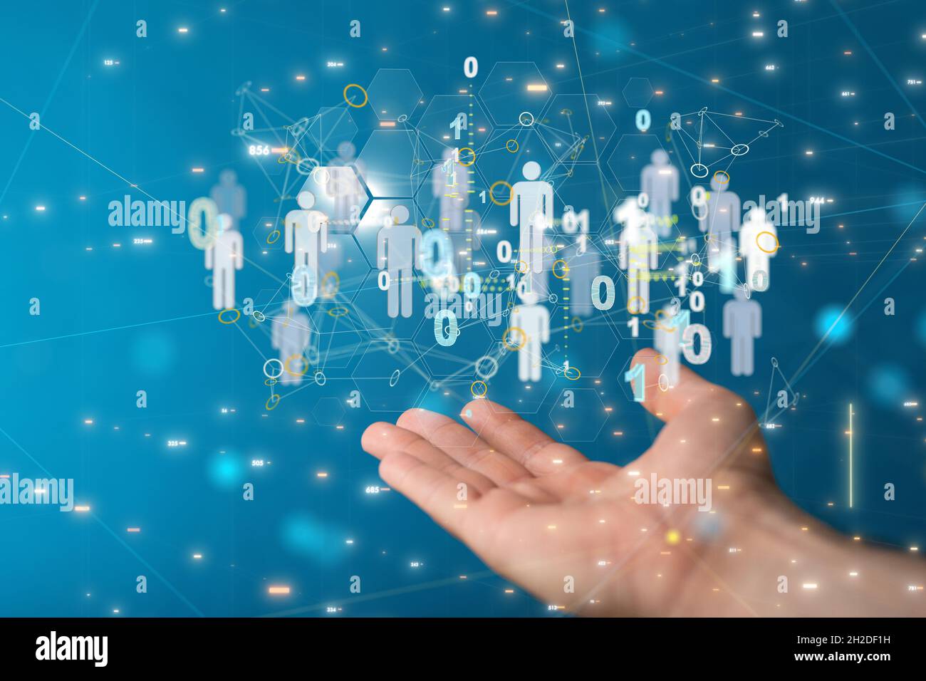 3d Rendering Of Human Icons With Binary Codes Floating On Hand Unity Group And Teamwork Concept
