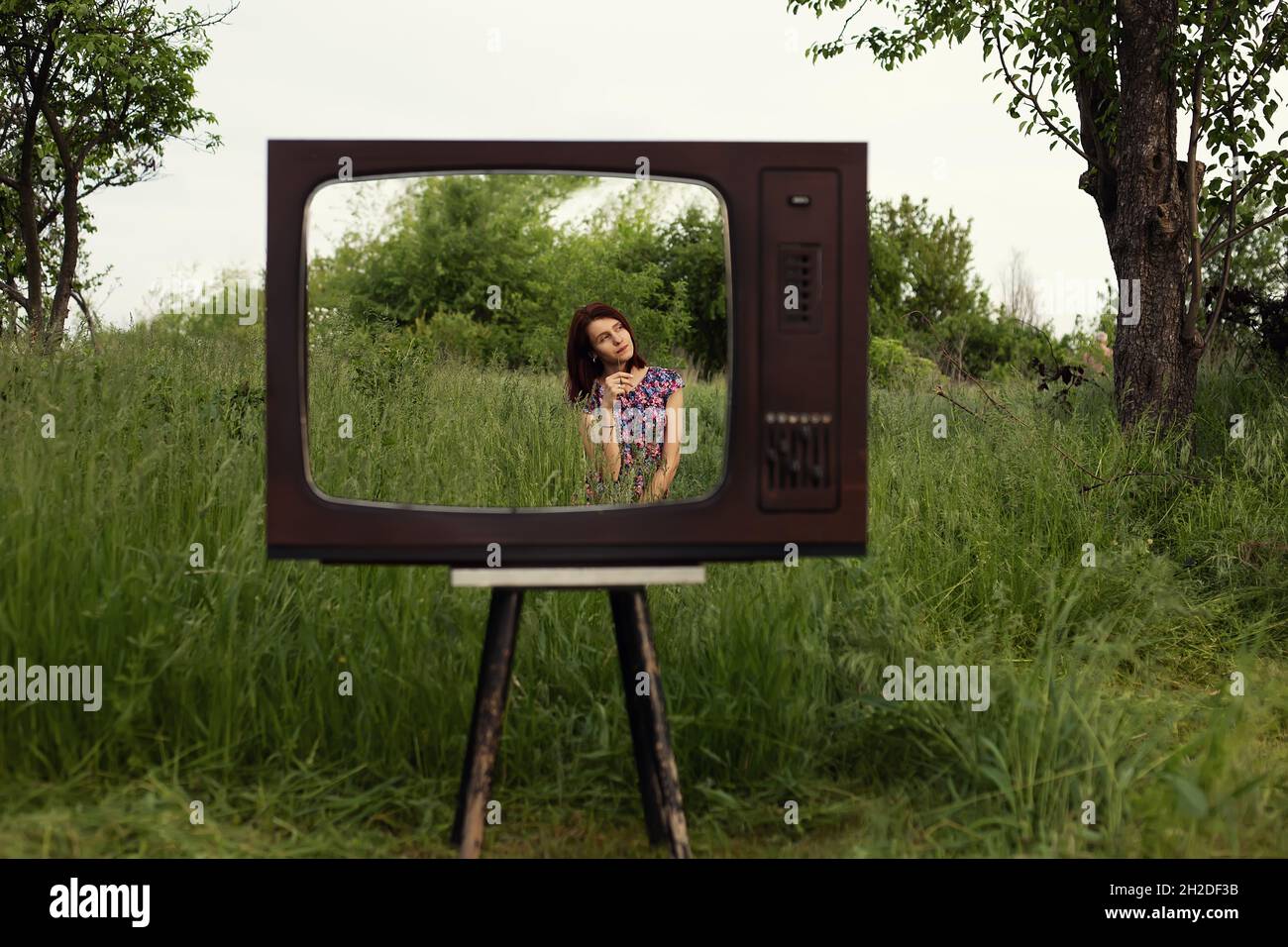 Woman sit in garden grass inside vintage old television frame, modern ...