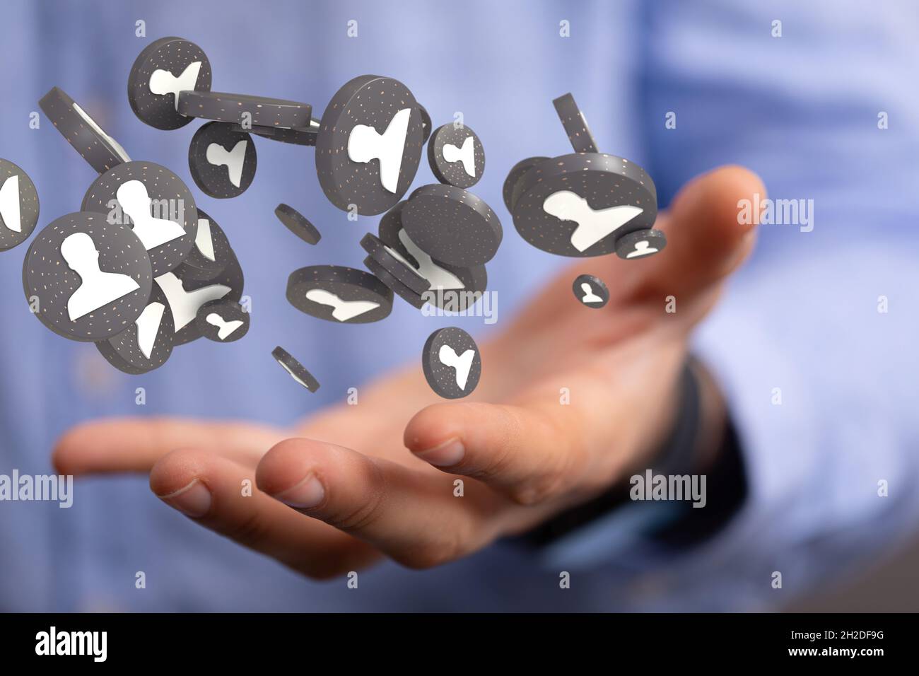 3D rendering of human icons floating on hand- Businessman using data ...