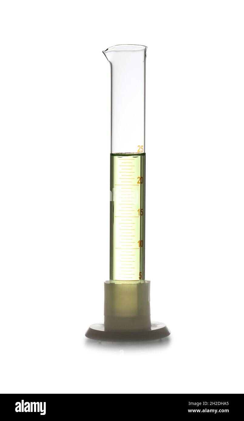 Graduated cylinder with sample isolated on white. Chemistry laboratory ...