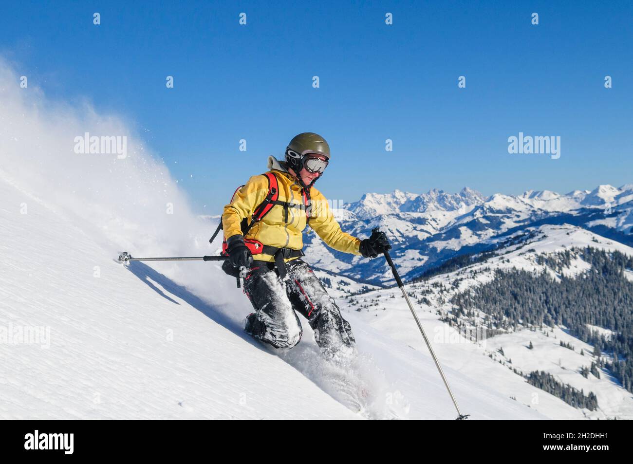 Spectacular skiing in backcountry of Pass Thurn ski resort near ...