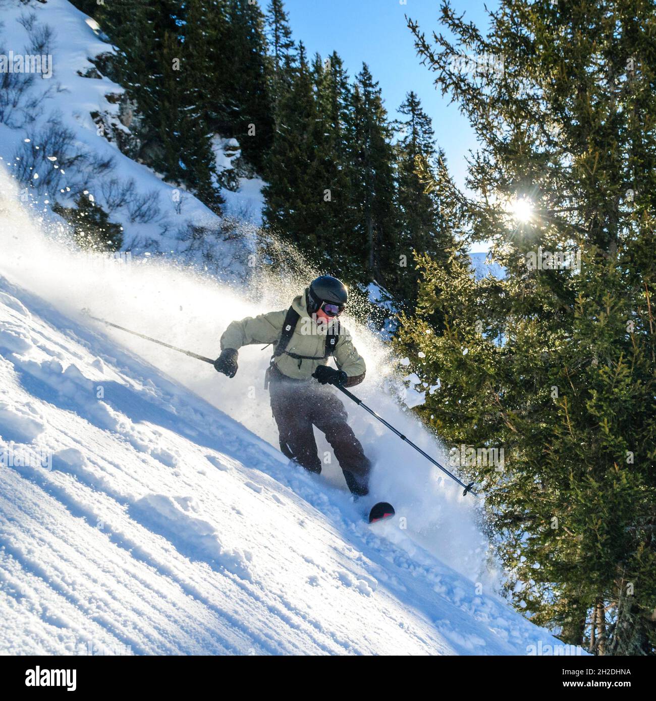 Spectacular skiing in backcountry of Pass Thurn ski resort near ...