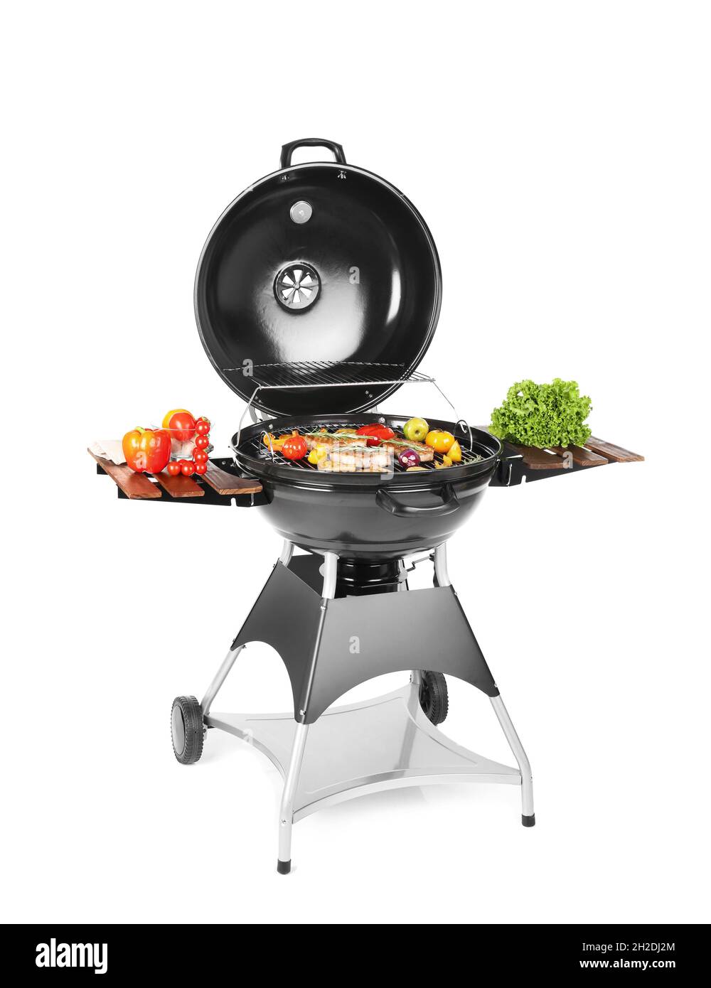 Modern barbecue grill with tasty food on white background Stock Photo ...