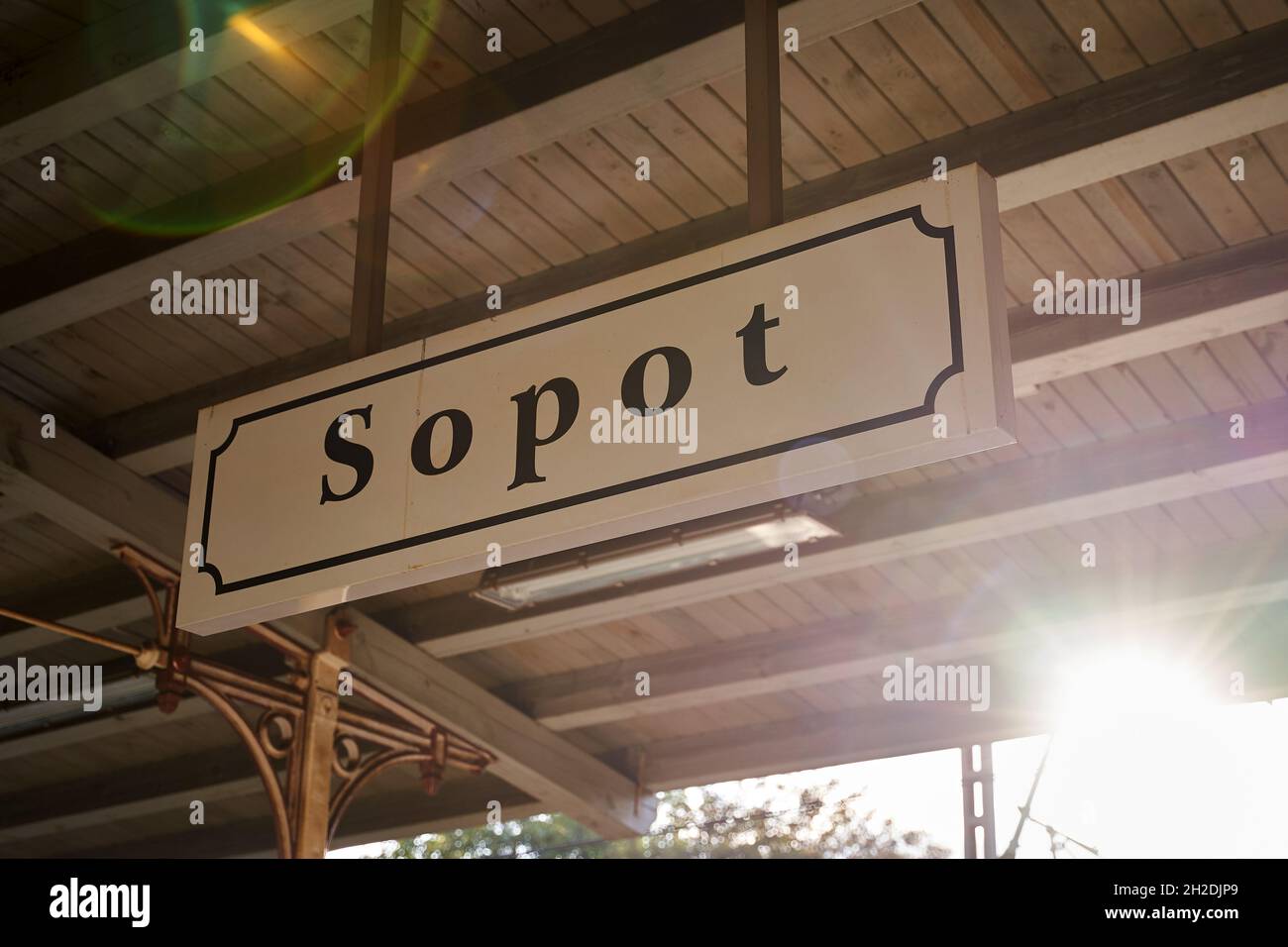 Sign Sopot at the railway station of this tourist town Stock Photo - Alamy