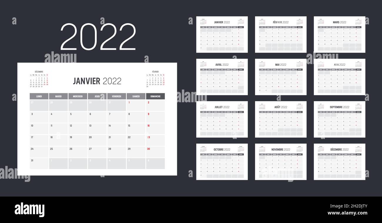 Year 2022 monthly calendar, in French language. Vector template Stock ...