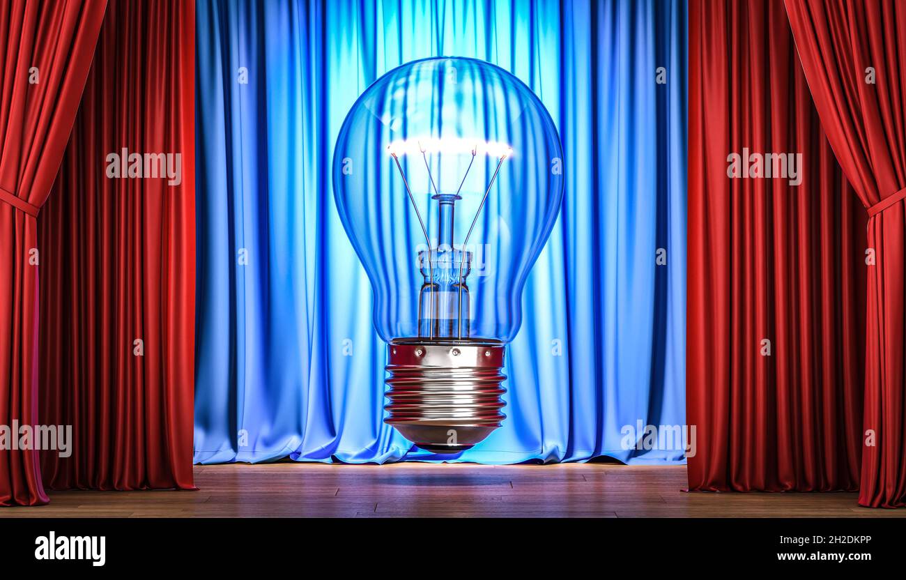 light bulb on stage with red and blue curtains. concept of idea and ...