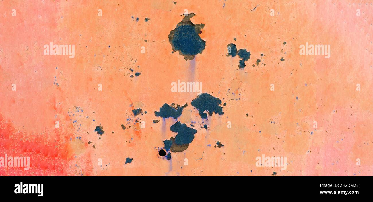 Color background: rusty metal surface with orange paint, peeling ...
