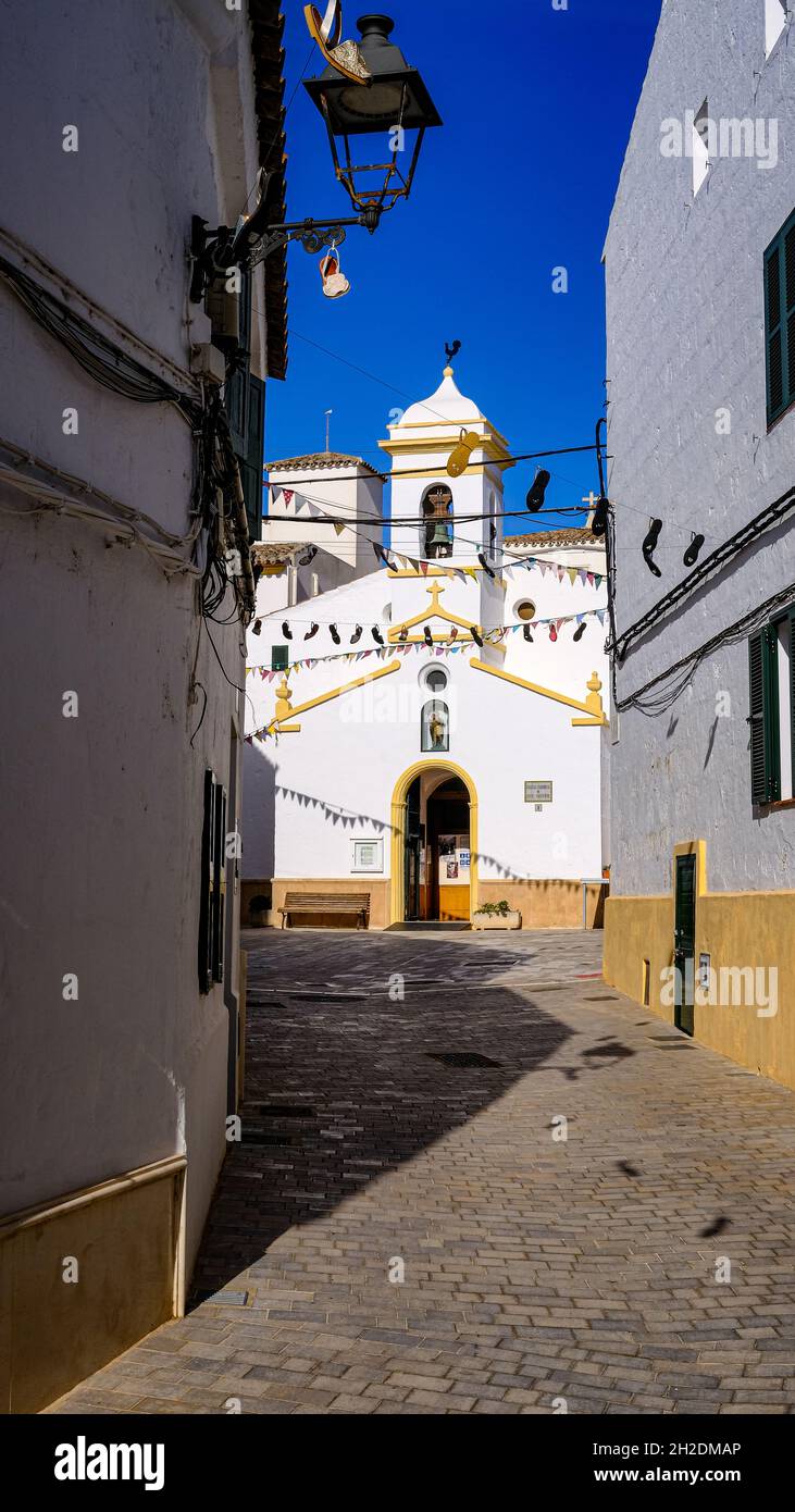 View of the village church "es migjorn gran", Menorca, Balearic Islands ...