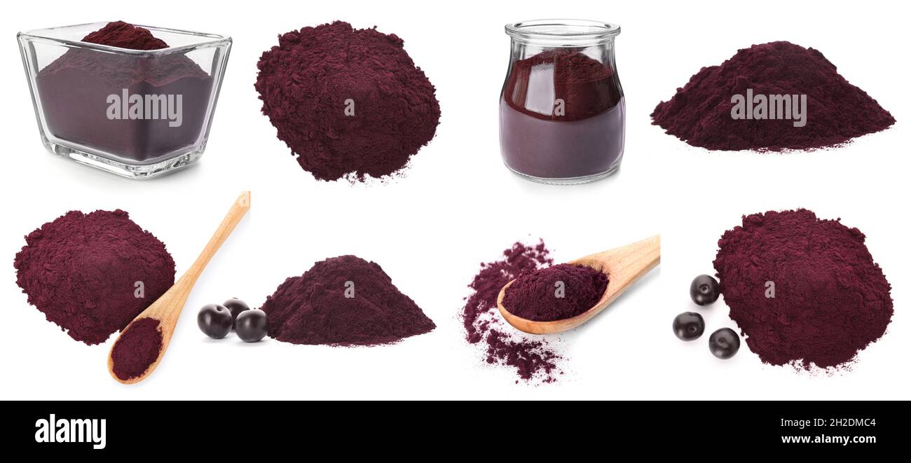 Set with acai powder on white background. Organic superfood Stock Photo ...