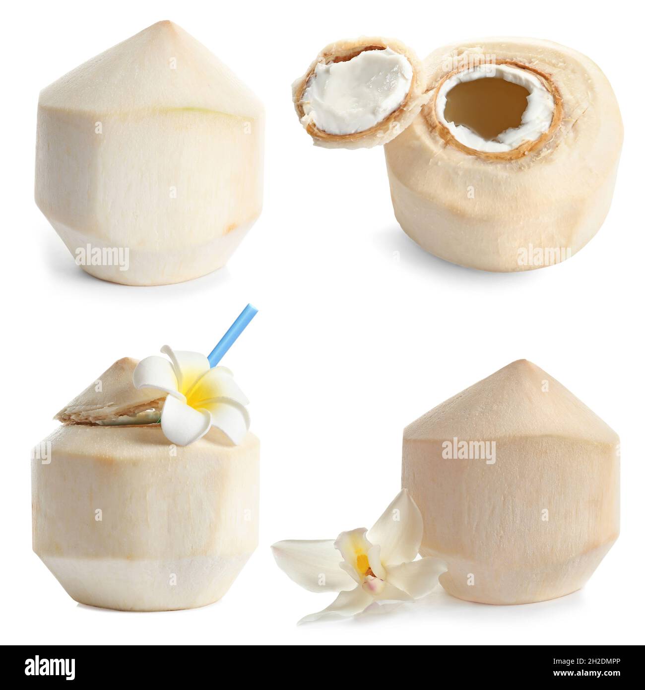 Set with peeled coconuts and drinks on white background Stock Photo - Alamy