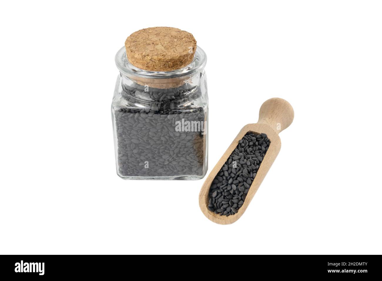 black sesame in wooden scoop and glass jar on isolated on white ...