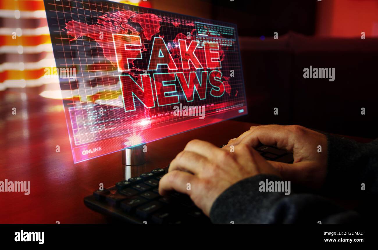 Fake news on computer screen. Broadcast, trolling, false information ...