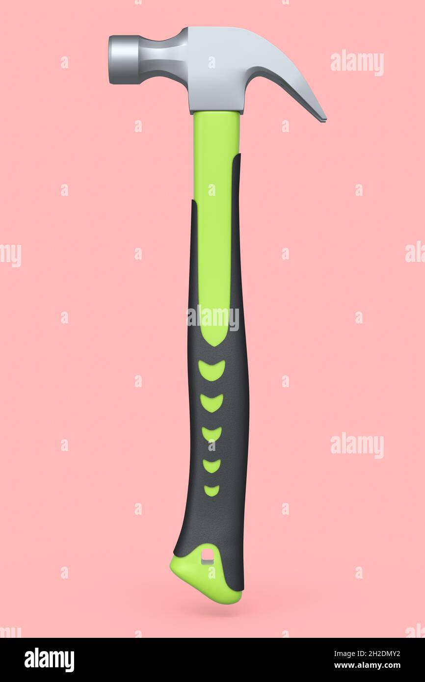 Black and green hammer with a rubberized handle isolated on pink ...