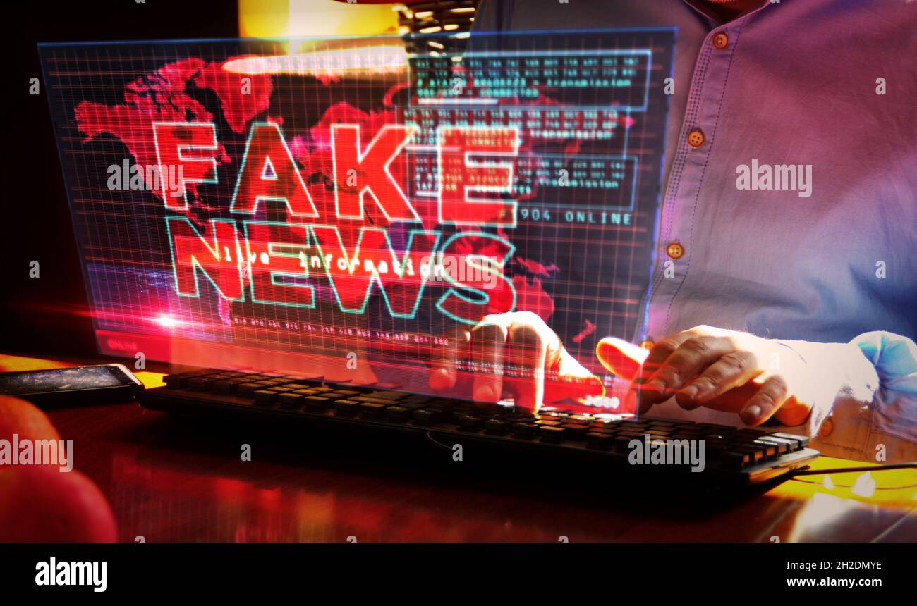 Fake news on computer screen. Broadcast, trolling, false information ...