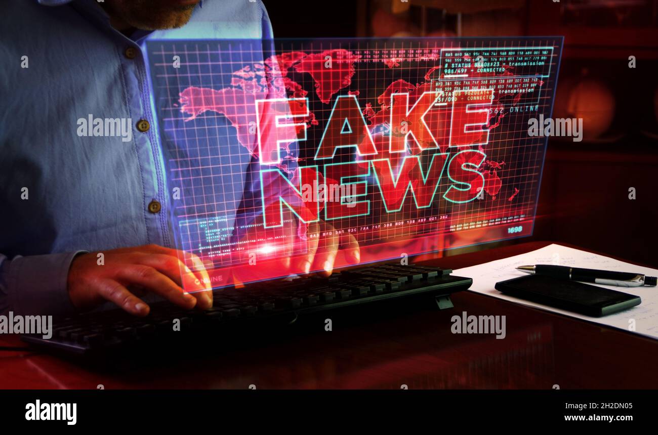 Fake news on computer screen. Broadcast, trolling, false information ...