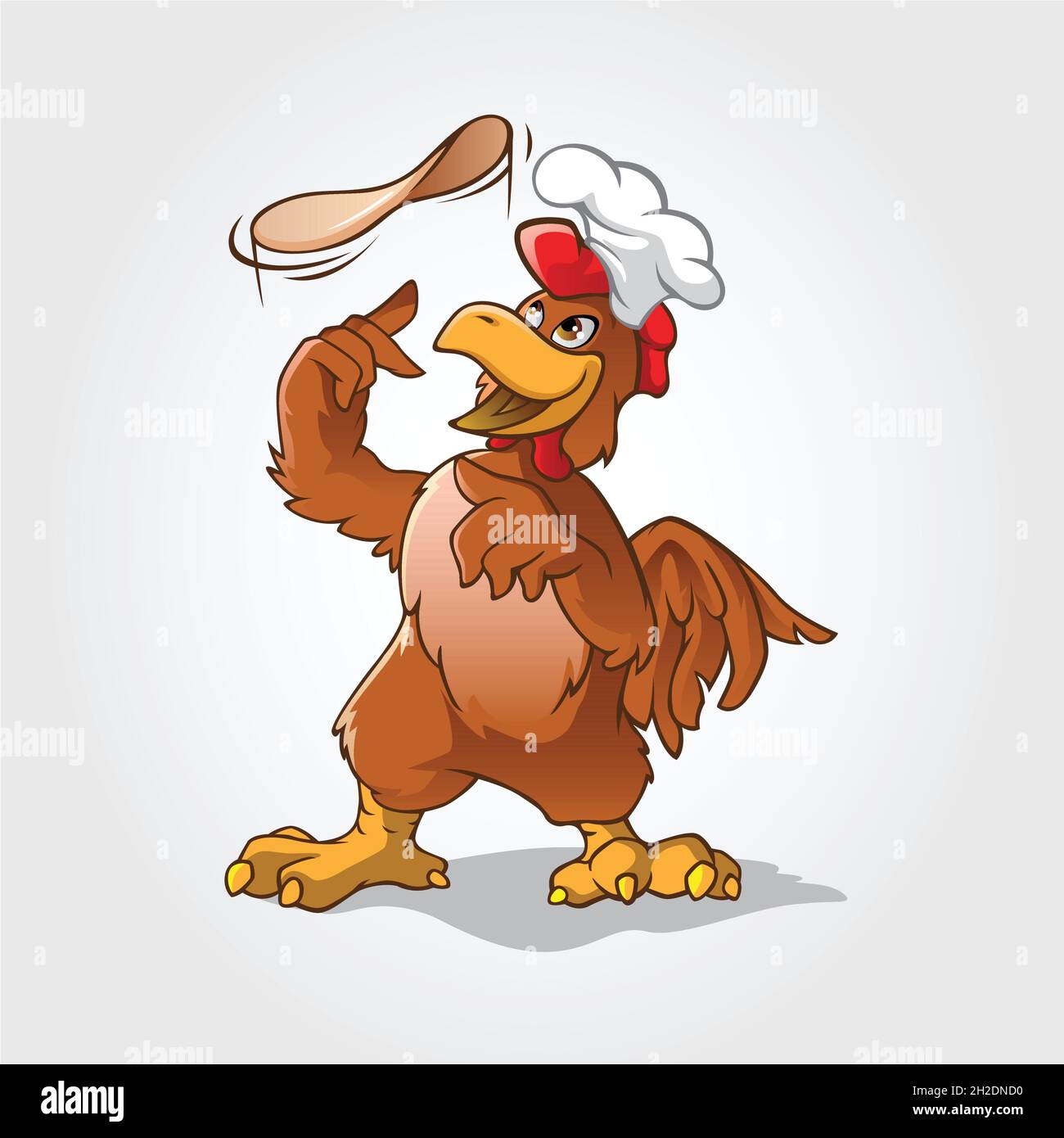 Chicken chef cartoon character trowing a dough pizza to the air ...