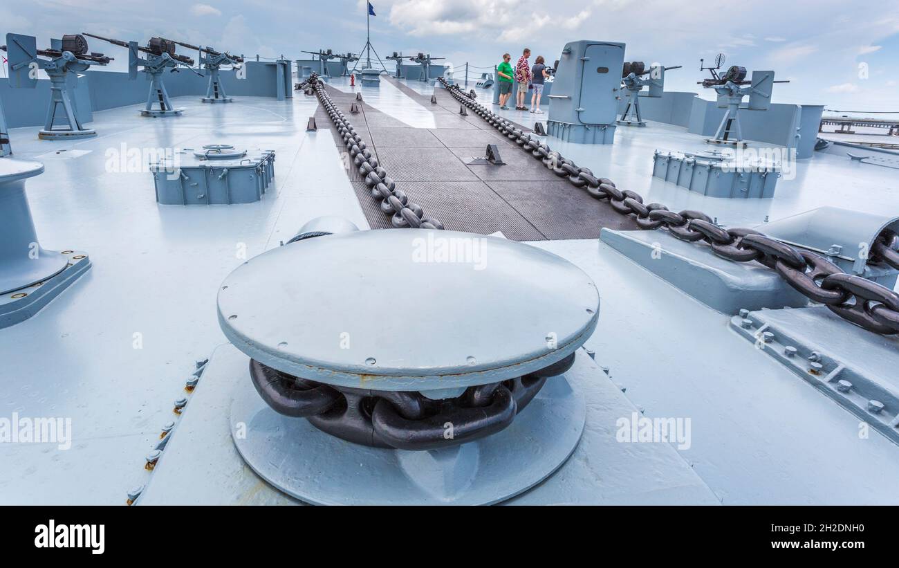 Chains on the deck of the USS Alabama museum battleship at the ...