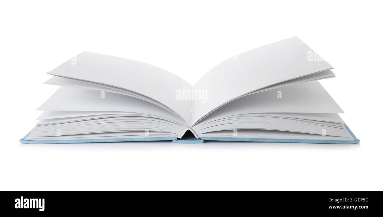 Open book with hard cover on white background Stock Photo - Alamy