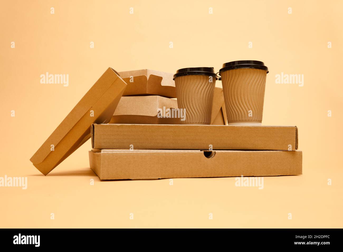 Cardboard food containers for takeaway of delivery service. Pizza, pie ...