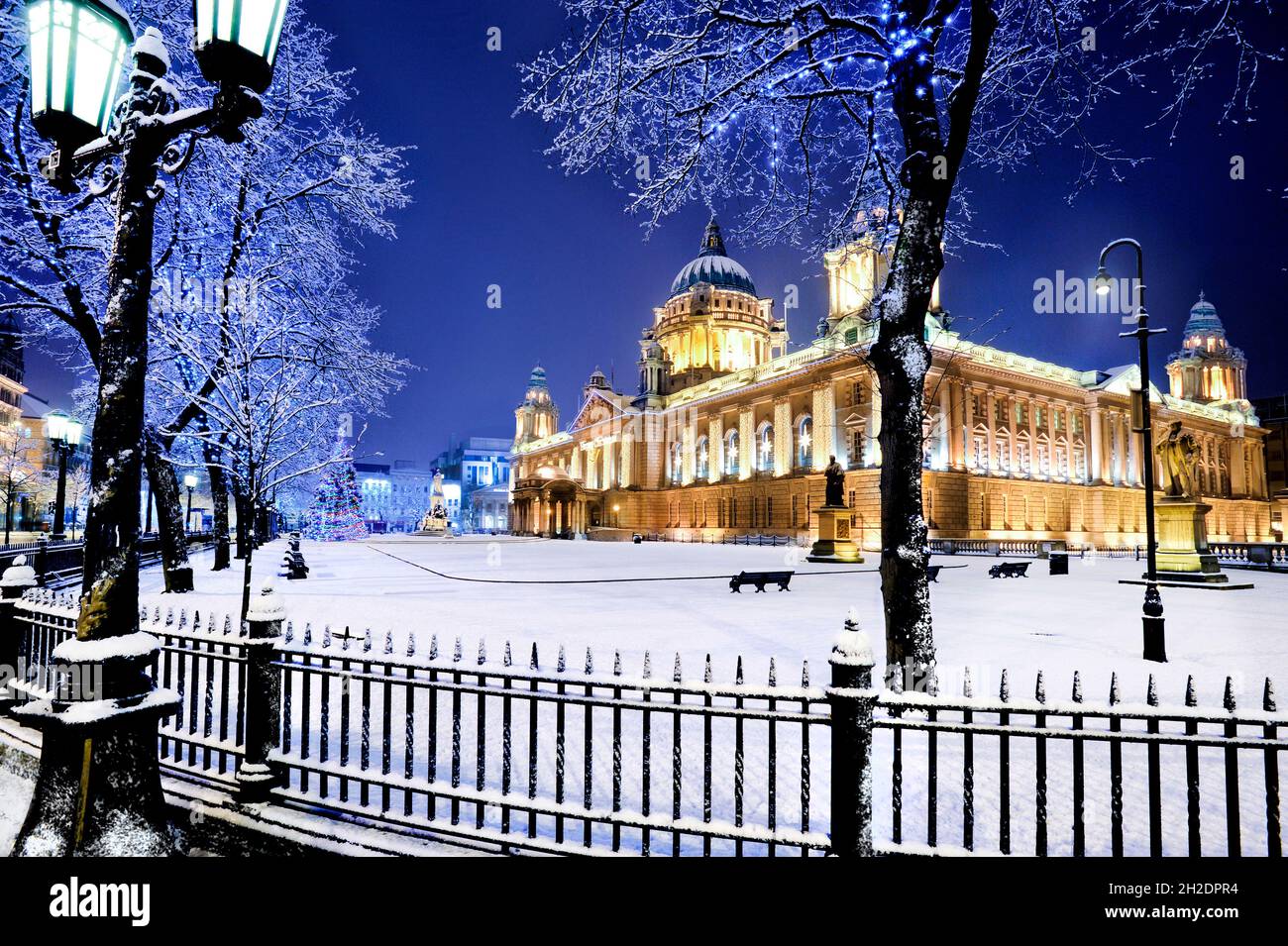 Snow at Belfast City Hall With Christmas Tree and Lights, Northern ...