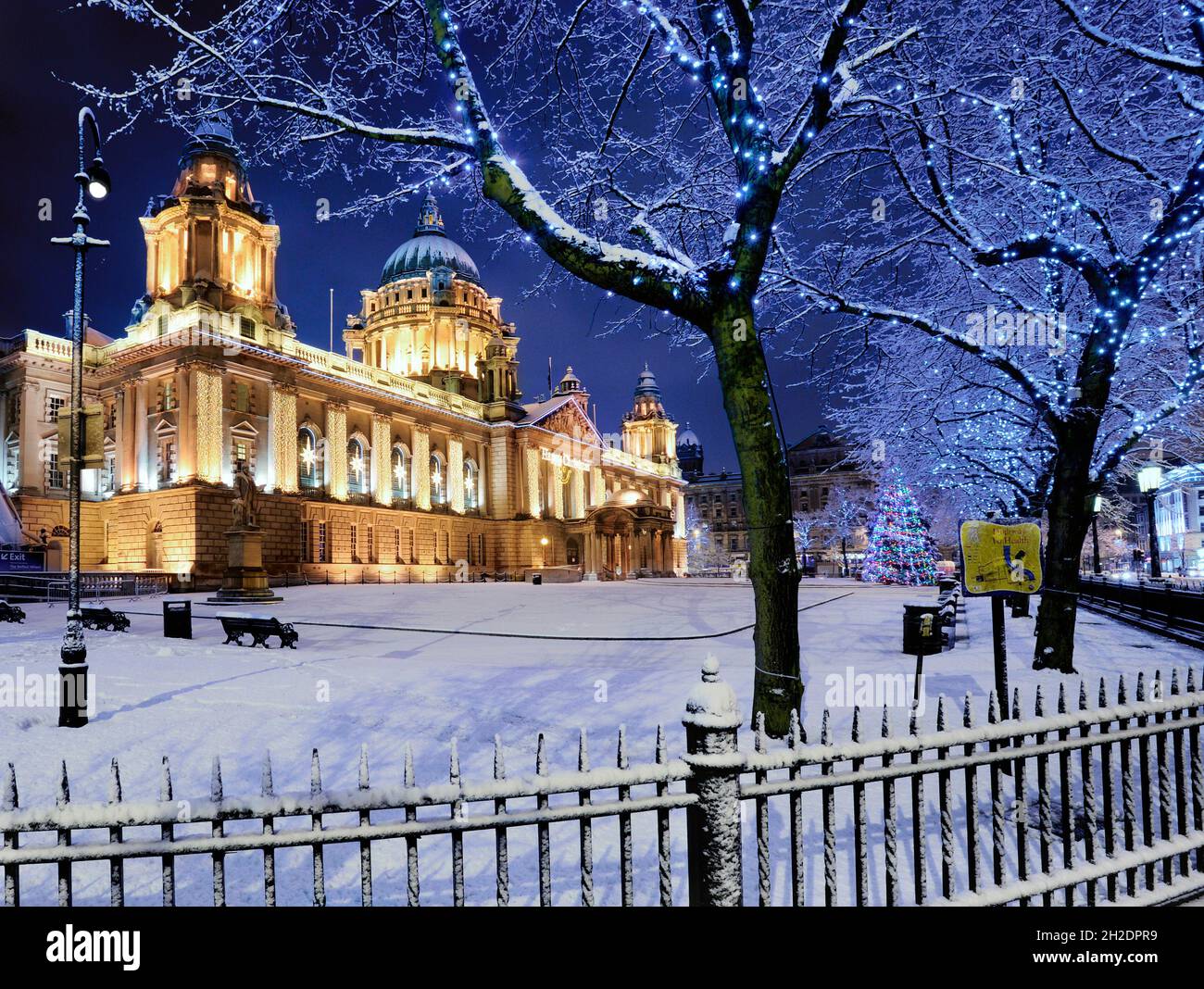 Snow at Belfast City Hall With Christmas Tree and Lights, Northern ...