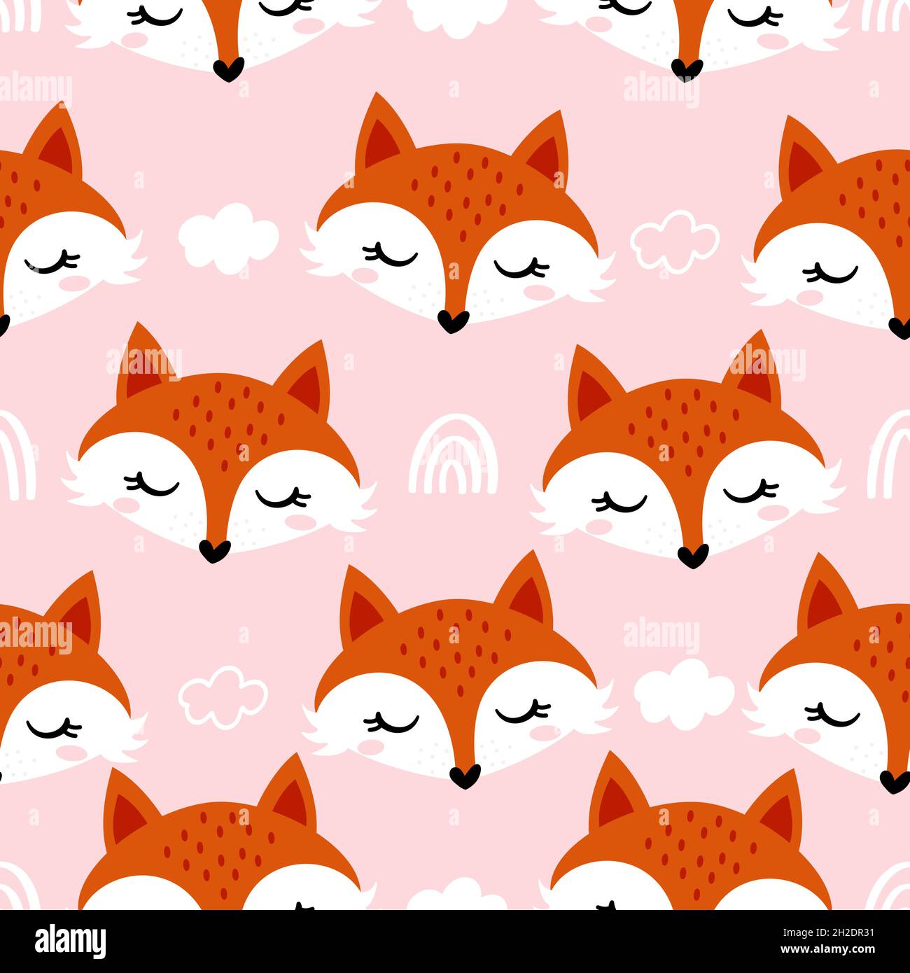 Cute fox pattern design with Fox heads and clouds on rose background ...