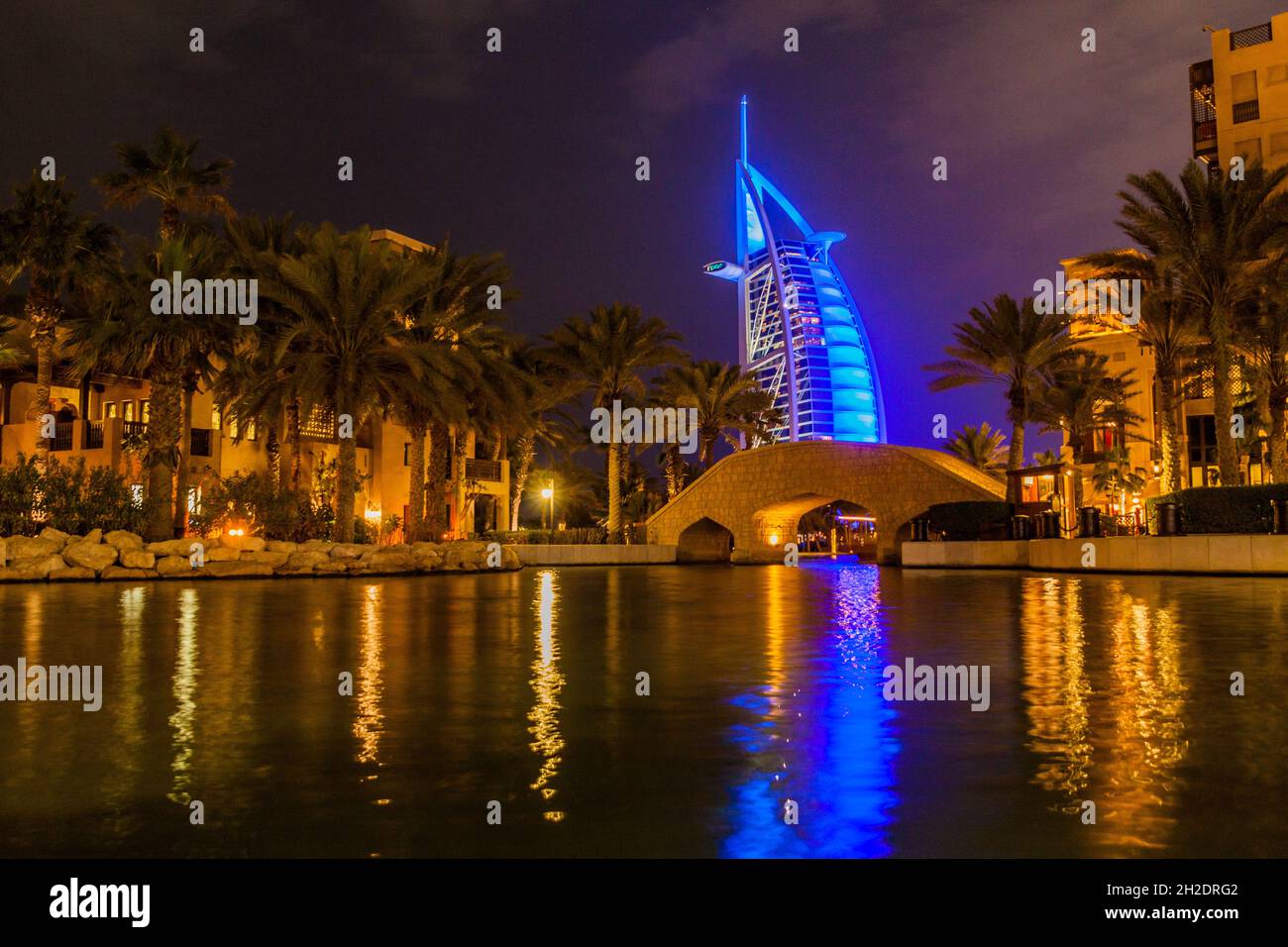 Night view of Burj Al Arab Tower of the Arabs seen from Madinat ...
