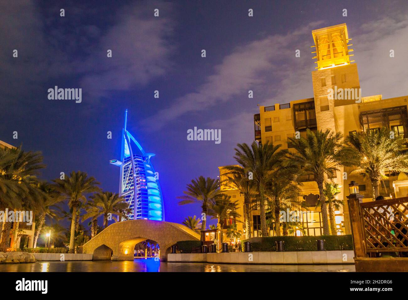 Night view of Burj Al Arab Tower of the Arabs seen from Madinat ...