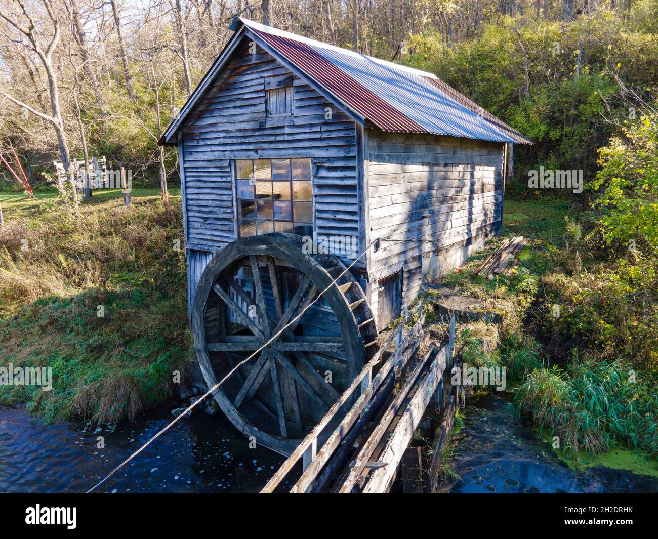 Aerial photograph of historic Hyde's Mill, a former water-driven mill ...