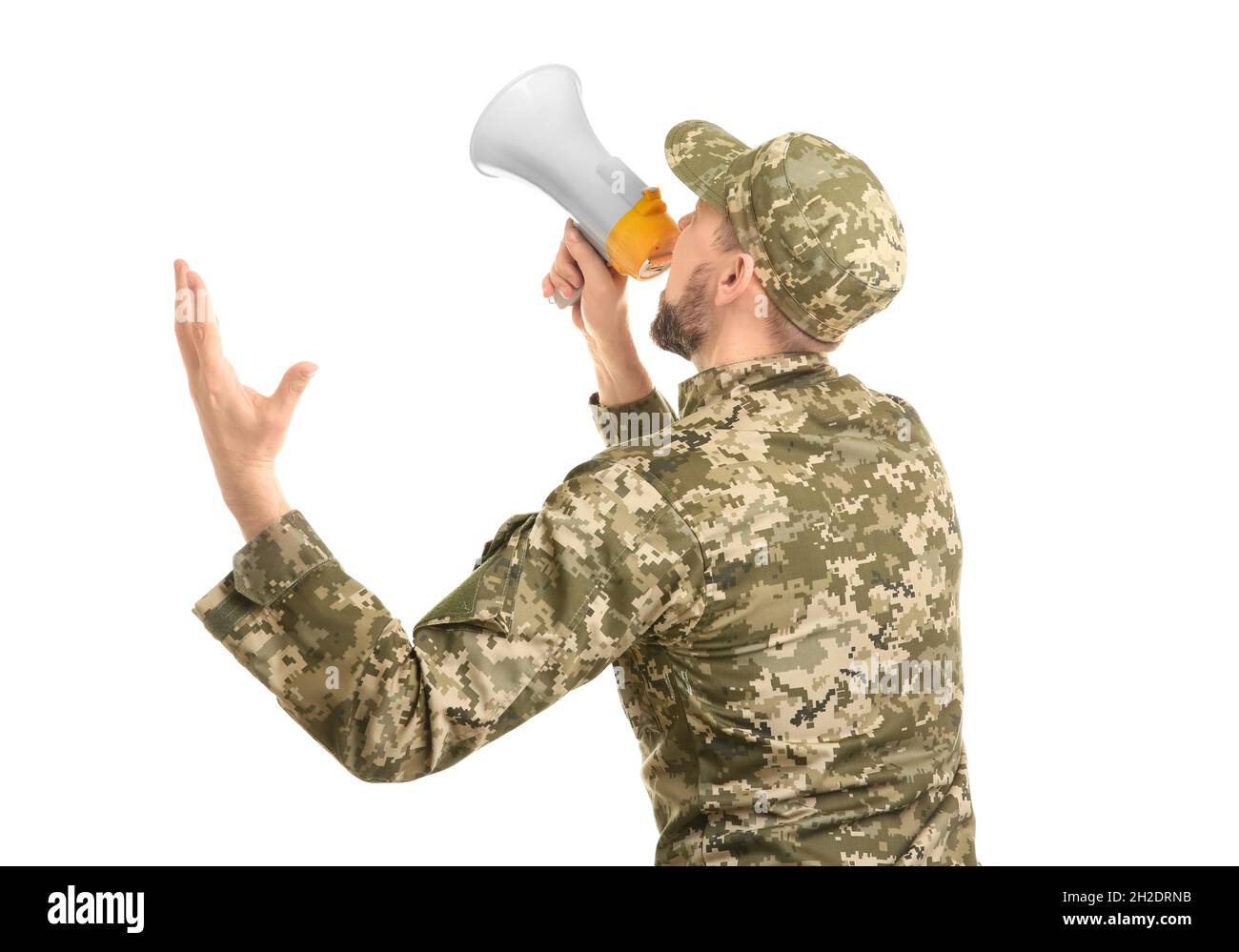 Military man shouting into megaphone on white background Stock Photo ...