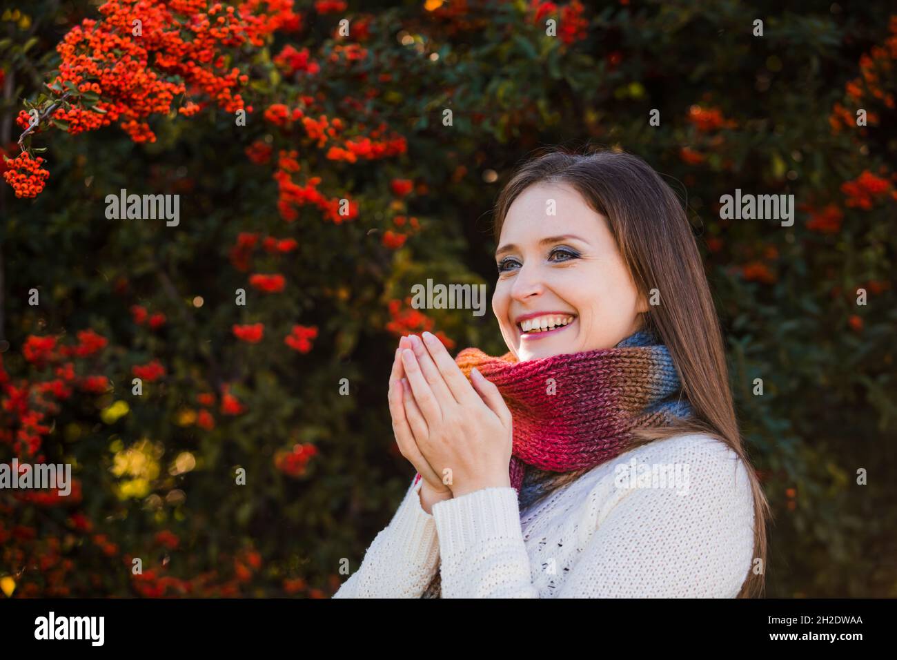Woman portrait on fall nature background in a day Stock Photo - Alamy