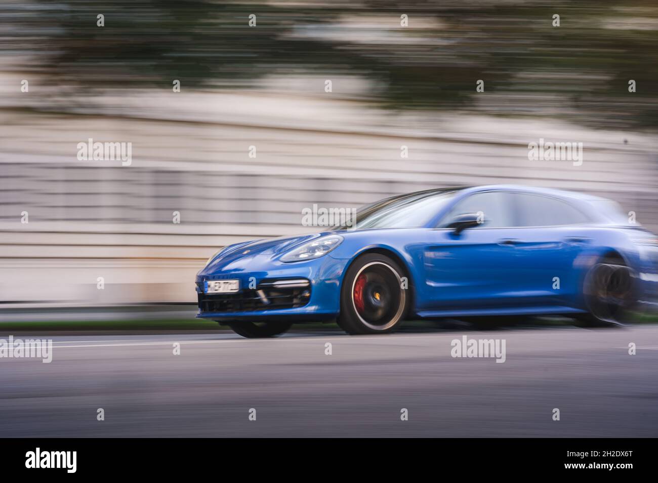 MUNICH, GERMANY - Sep 25, 2021: Motion blur image of the sporty Porsche ...