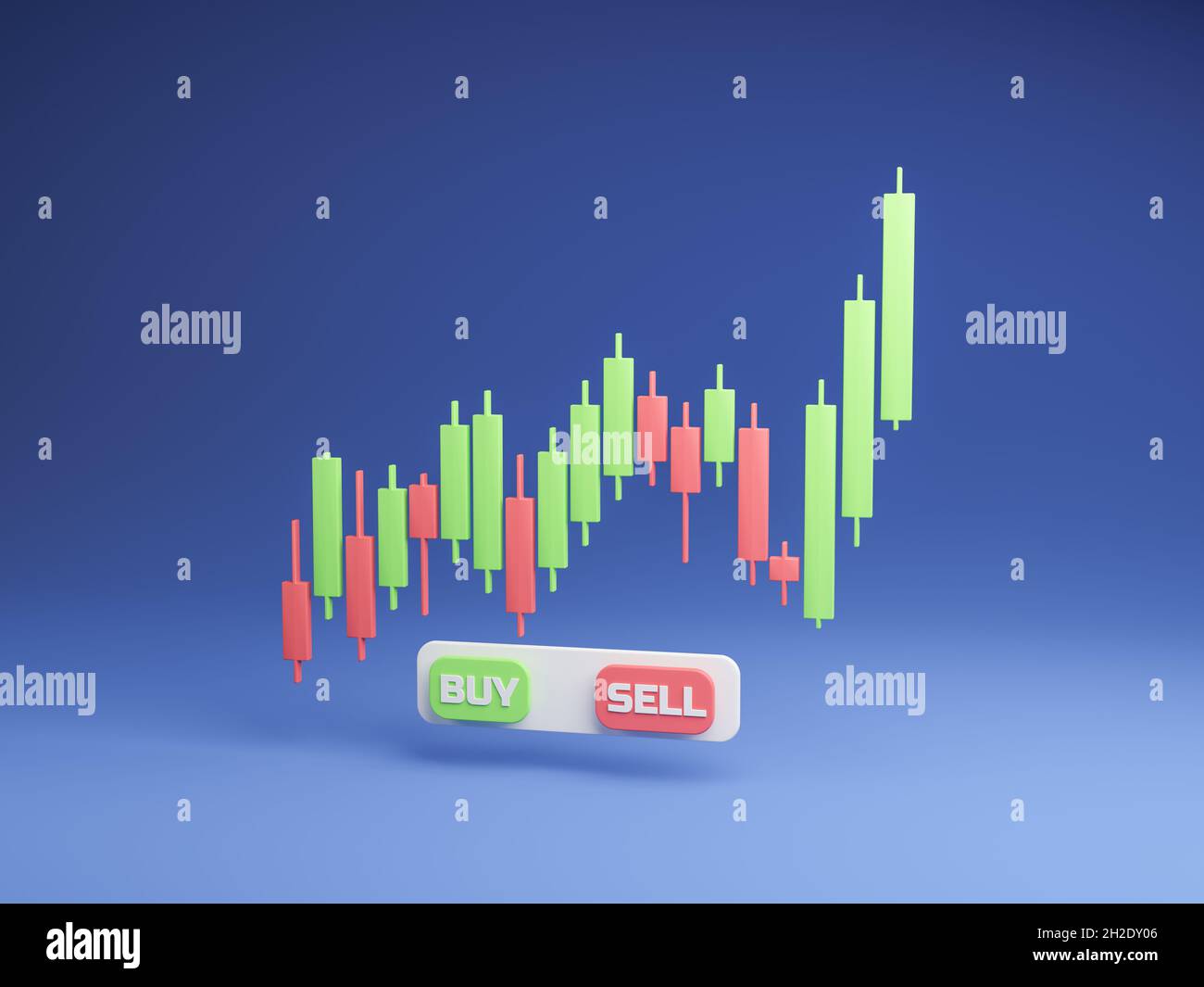 rising candlestick chart with buy and sell buttons below. minimal ...