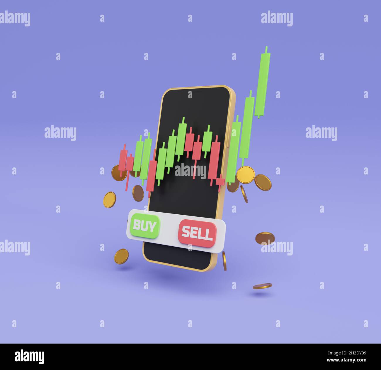 rising candlestick chart in front of a cell phone with buy and sell ...