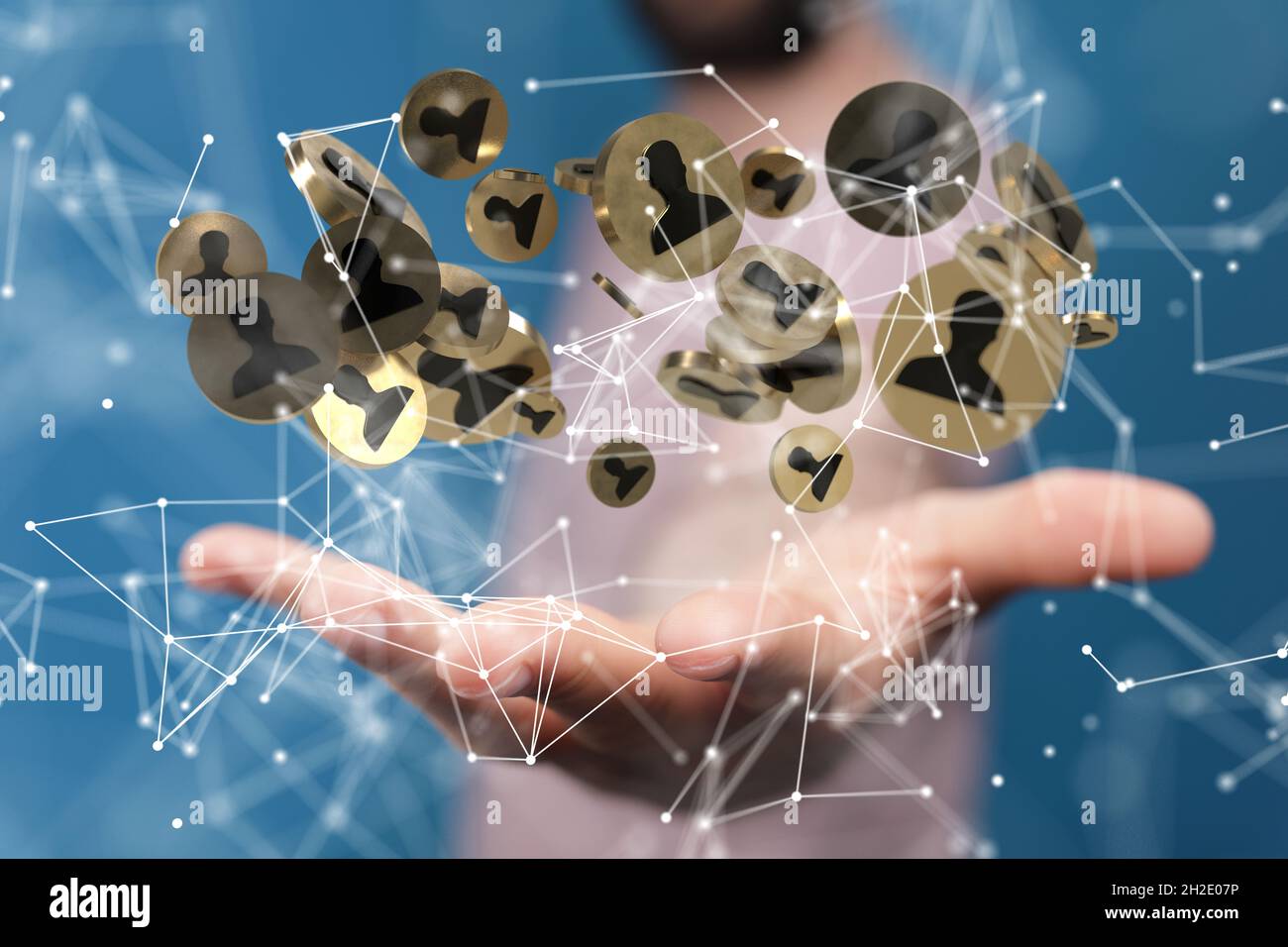 3D rendering of human icons floating on hand- digital work conference ...