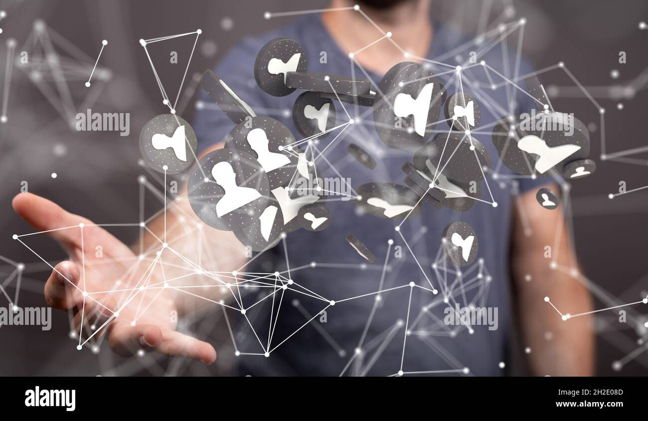3D rendering of human icons floating on hand- digital work conference ...