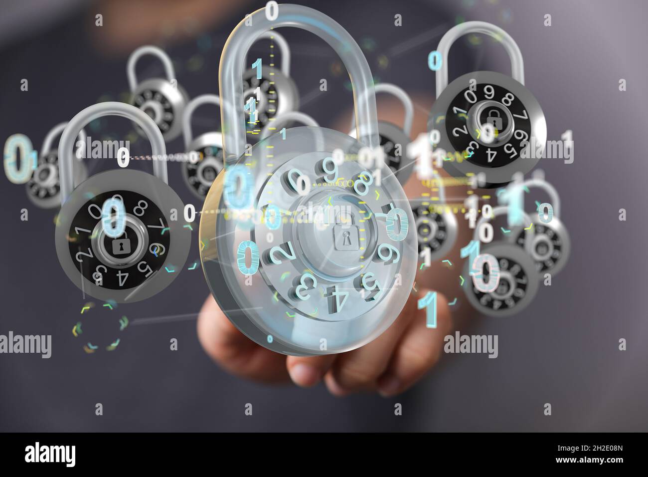 3D rendering of digital padlocks with binary codes with hand touching it from behind Stock Photo ...