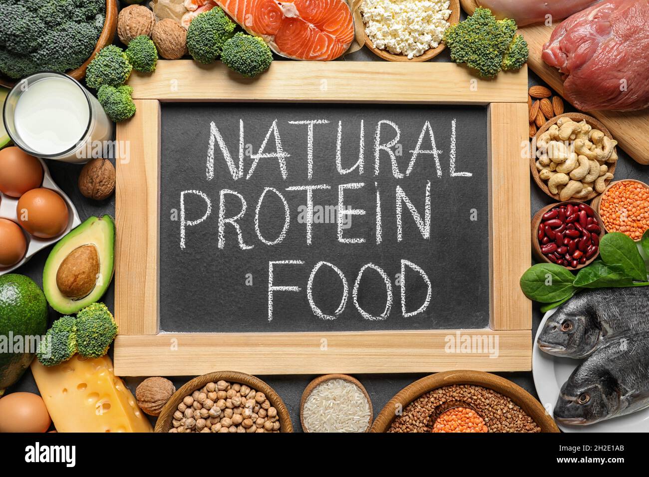 Chalkboard with written text Natural Protein Food among products, top ...