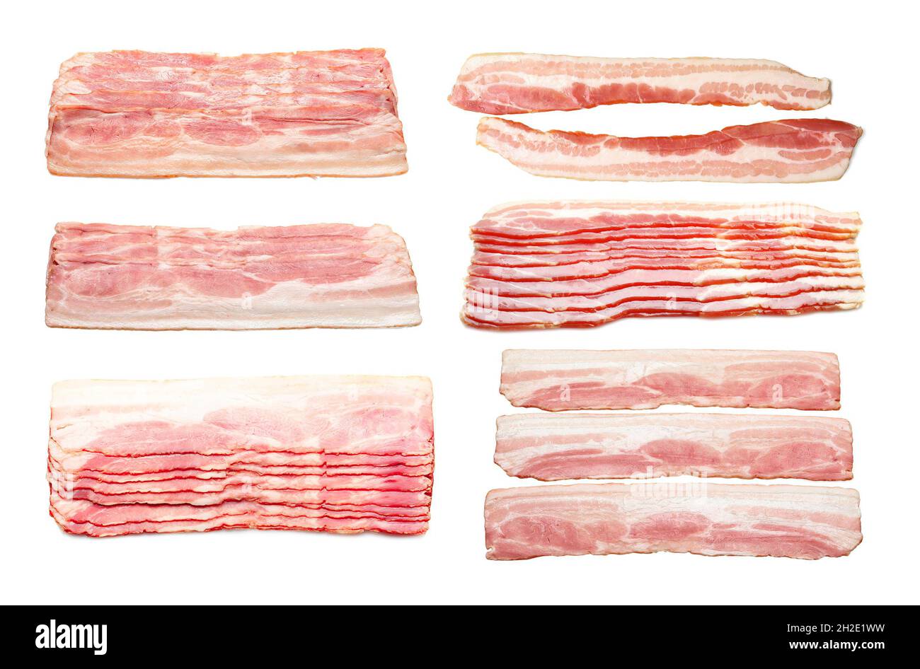Set with raw bacon rashers on white background Stock Photo - Alamy
