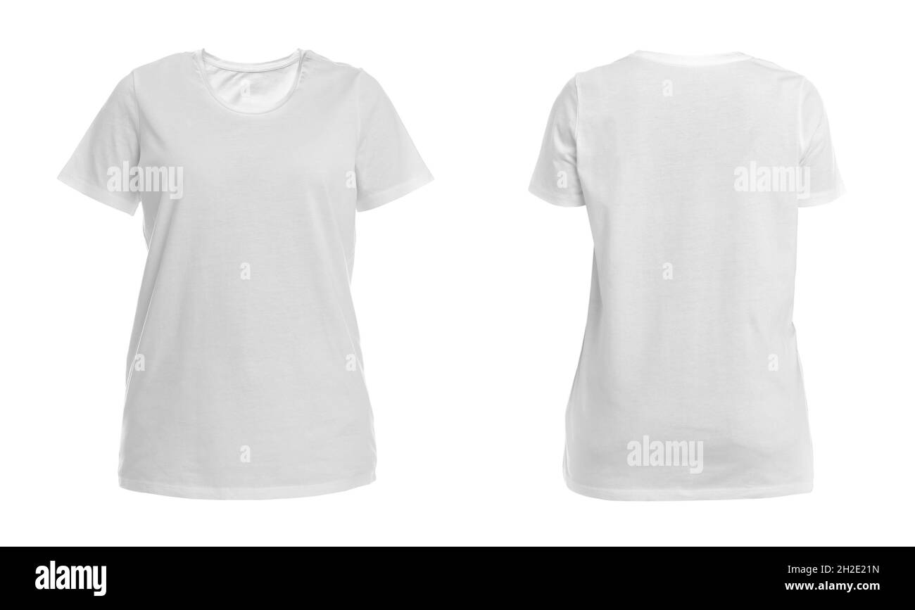 Front and back views of blank t-shirt on white background Stock Photo ...