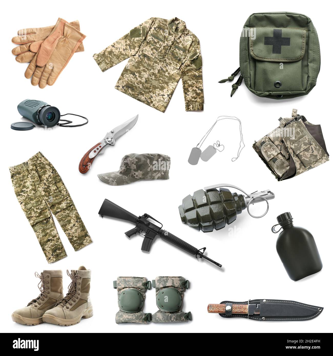 Set with military uniform and weapon on white background Stock Photo ...