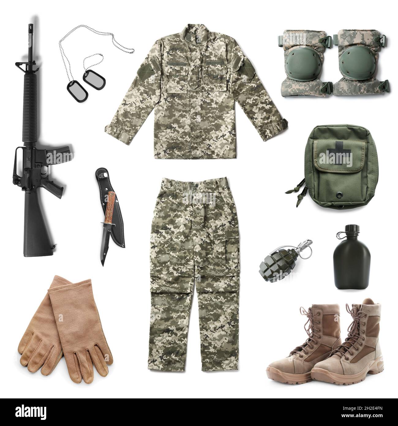 Set with military uniform and weapon on white background Stock Photo ...