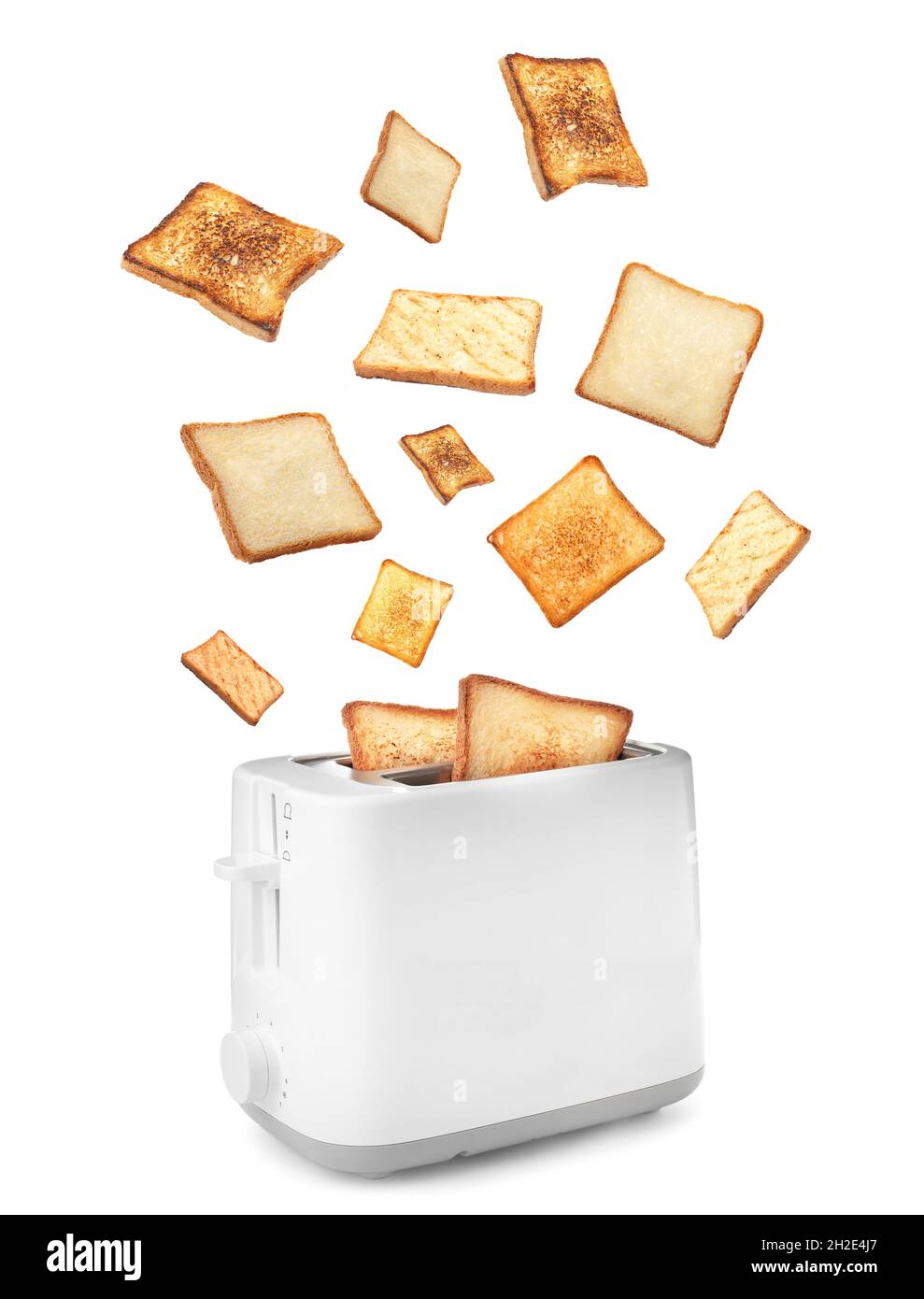 Crispy bread slices flying out of toaster on white background Stock ...