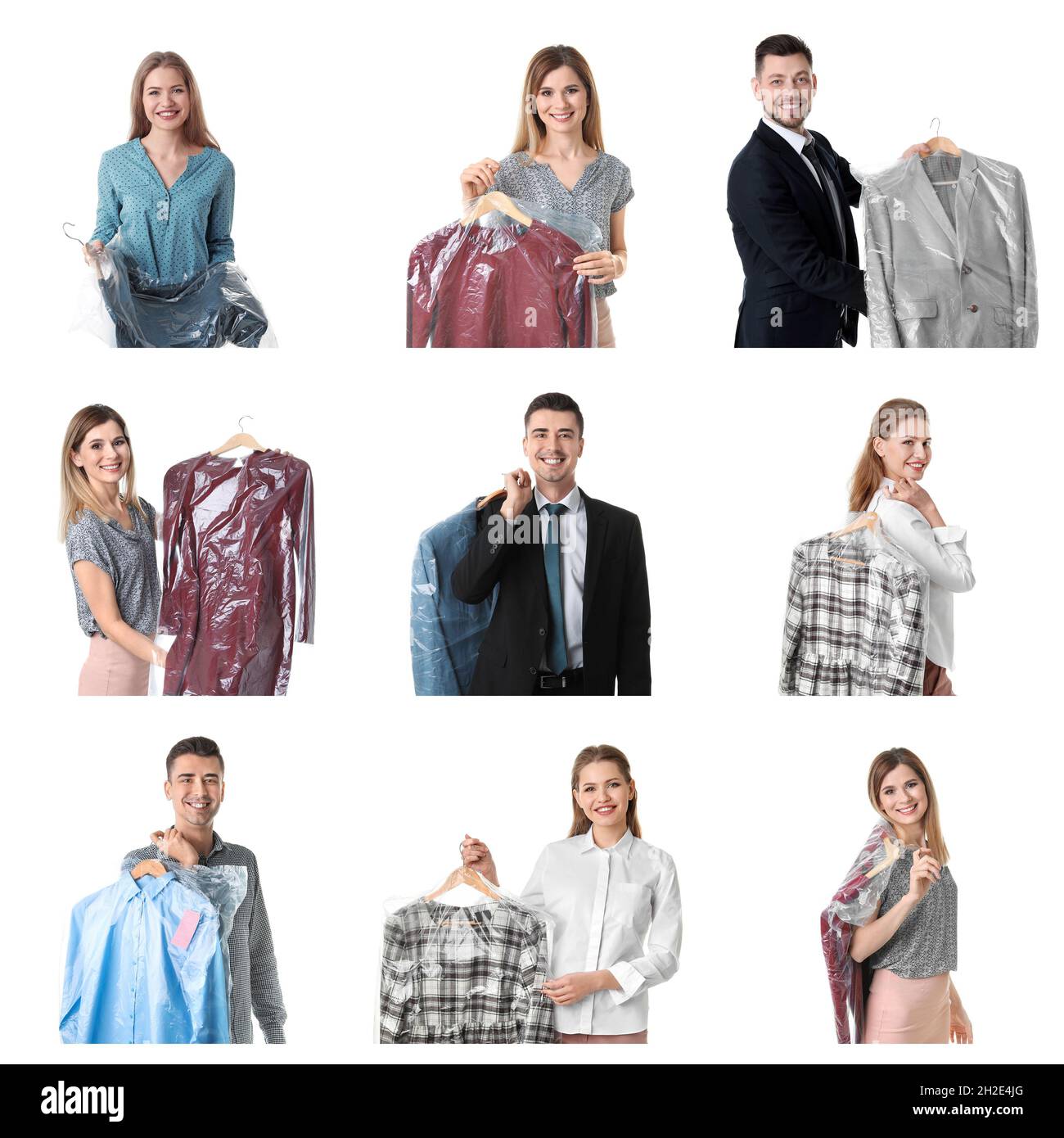 Set with people and clothes in plastic bags on white background. Dry ...