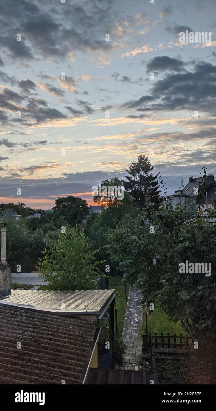 Beautiful view of a green landscape gleaming under the sunset Stock ...
