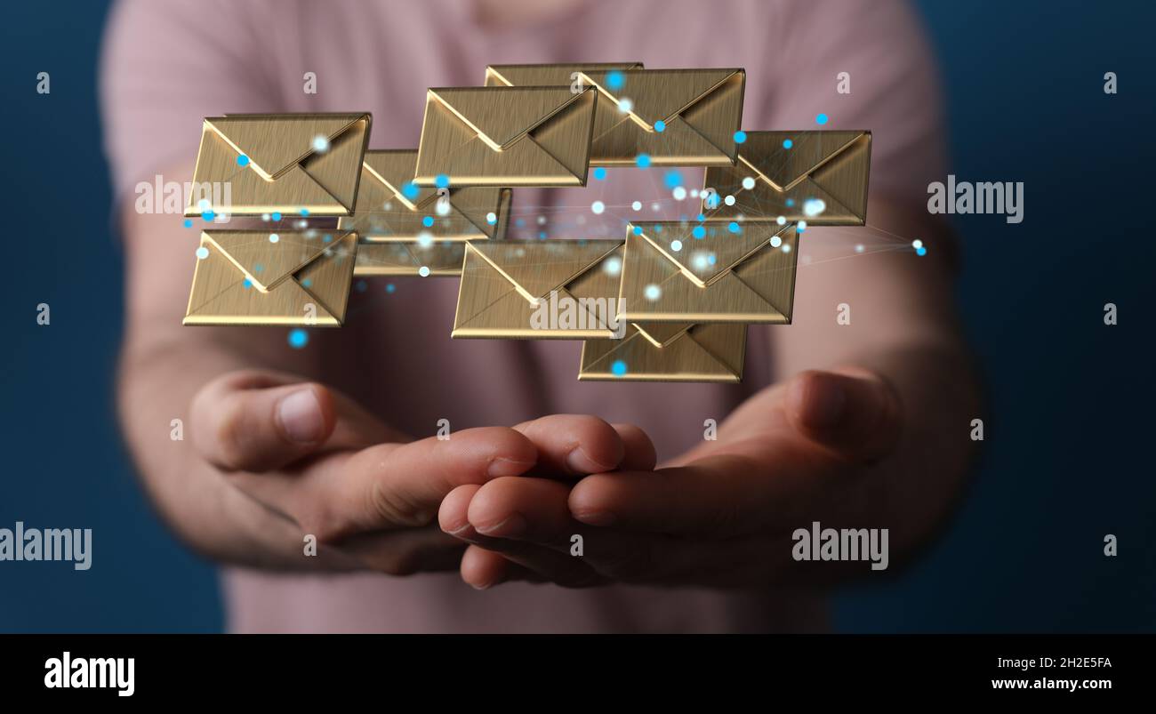 3D rendering of beige email icons concept in hand background Stock ...